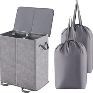 Lifewit Double Laundry Hamper with Lid and Removable Laundry Bags, Large Collapsible 2 Dividers Dirty Clothes Basket with Handles for Bedroom, Laundry Room, Closet, Bathroom, College, Grey