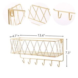 YCOCO Wall Mounted Entryway Storage Organizer,Metal Wire Storage Basket with 6 Hooks,Key and Mail Holder for Wall,Gold