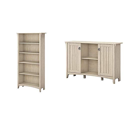 Bush Furniture Salinas 5 Shelf Bookcase in Antique White & Salinas Accent Storage Cabinet with Doors in Antique White