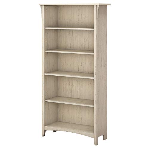 Bush Furniture Salinas 5 Shelf Bookcase in Antique White & Salinas Accent Storage Cabinet with Doors in Antique White