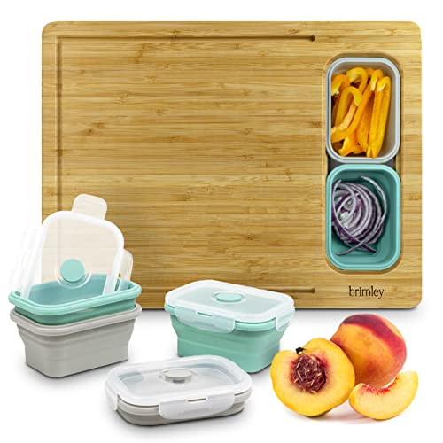 Brimley Bamboo Wood Cutting Board - Wooden Cutting Board with Containers and Lids for Food Storage - Over Edge Hanging Cutting Boards for Kitchen with Anti-slip Feet - Home and Kitchen Gadgets