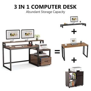 Tribesigns Computer Desk with File Drawer and Storage Shelves, 60 inch Vintage Large Home Office Desk Computer Table Study Writing Desk Workstation with Hutch (Dk Brown)