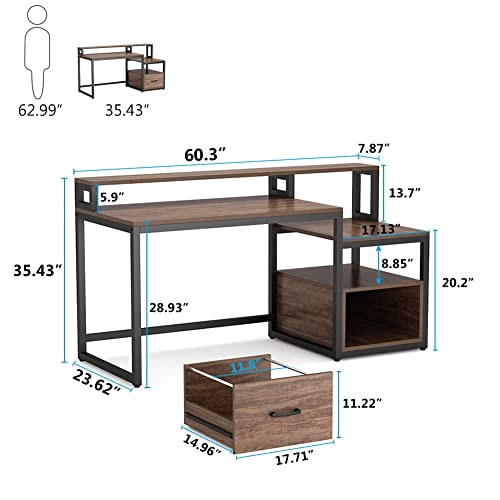 Tribesigns Computer Desk with File Drawer and Storage Shelves, 60 inch Vintage Large Home Office Desk Computer Table Study Writing Desk Workstation with Hutch (Dk Brown)