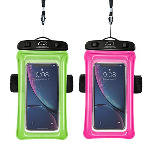 PSHYX Universal 100 Feet Waterproof Phone Pouch Floating Case with Arm Band for iPhone 13 12 11 Pro Max XS XR X 8 7 6S Plus Samsung Google LG Phone up to 7 Inch (Pack of 2) (Pink+Green)