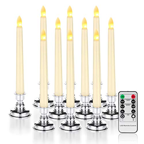 Amagic 9Pcs Christmas Window Candles with Timer, Flameless Taper Candles with Silver Bases, Battery Operated Window Candles, Flickering Flame Warm White, Remote Control, Ivory, Christmas Decorations