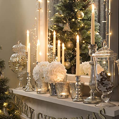 Amagic 9Pcs Christmas Window Candles with Timer, Flameless Taper Candles with Silver Bases, Battery Operated Window Candles, Flickering Flame Warm White, Remote Control, Ivory, Christmas Decorations