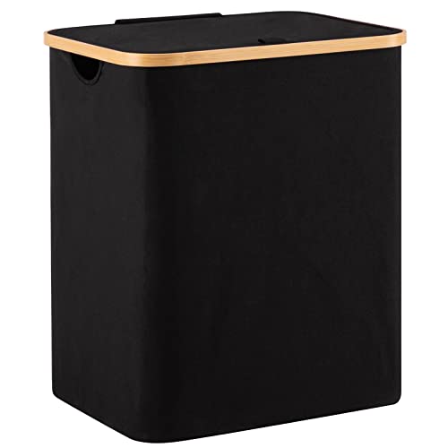 YOUDENOVA 66L Bamboo Laundry Hamper Basket with Lid and Handle, Waterproof and Collapsible Cloth Hamper for Closet and Bathroom, Black(15.7"L 13"W 19.7"H)