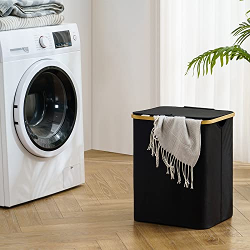 YOUDENOVA 66L Bamboo Laundry Hamper Basket with Lid and Handle, Waterproof and Collapsible Cloth Hamper for Closet and Bathroom, Black(15.7"L 13"W 19.7"H)