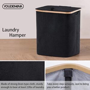 YOUDENOVA 66L Bamboo Laundry Hamper Basket with Lid and Handle, Waterproof and Collapsible Cloth Hamper for Closet and Bathroom, Black(15.7"L 13"W 19.7"H)