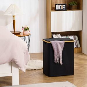 YOUDENOVA 66L Bamboo Laundry Hamper Basket with Lid and Handle, Waterproof and Collapsible Cloth Hamper for Closet and Bathroom, Black(15.7"L 13"W 19.7"H)