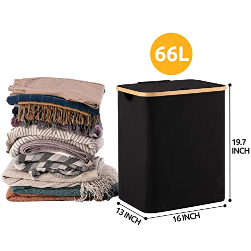 YOUDENOVA 66L Bamboo Laundry Hamper Basket with Lid and Handle, Waterproof and Collapsible Cloth Hamper for Closet and Bathroom, Black(15.7"L 13"W 19.7"H)