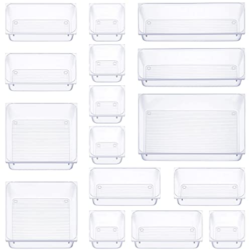 16 Pcs Drawer Organizer Set Dresser Desk Drawer Dividers - 5 Size Bathroom Vanity Cosmetic Makeup Trays - Multipurpose Clear Plastic Storage Bins for Jewelries, Kitchen Gadgets and Office Accessories