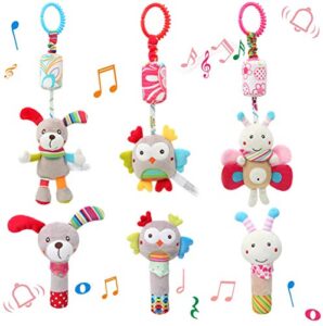 6 pcs baby hanging + hand rattles toys, soft crinkle squeaky sensory learning toy, plush animals ring stroller infant car bed crib travel activity hanging wind chime for babies toddlers