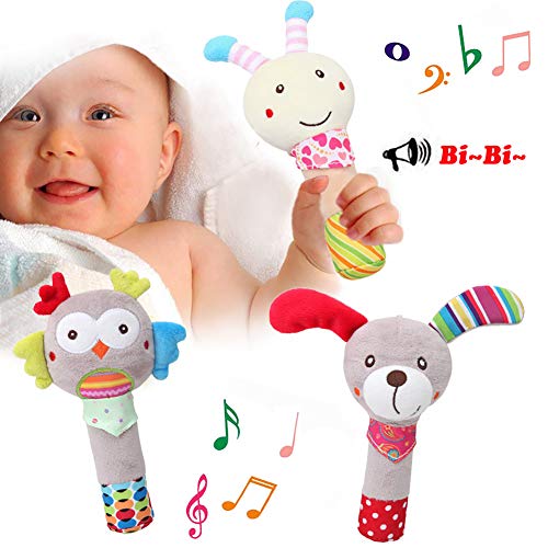 6 Pcs Baby Hanging + Hand Rattles Toys, Soft Crinkle Squeaky Sensory Learning Toy, Plush Animals Ring Stroller Infant Car Bed Crib Travel Activity Hanging Wind Chime for Babies Toddlers