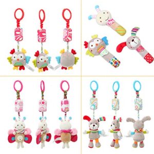 6 Pcs Baby Hanging + Hand Rattles Toys, Soft Crinkle Squeaky Sensory Learning Toy, Plush Animals Ring Stroller Infant Car Bed Crib Travel Activity Hanging Wind Chime for Babies Toddlers