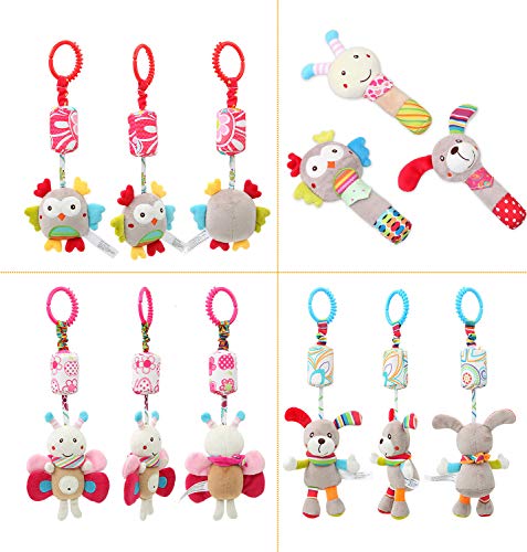 6 Pcs Baby Hanging + Hand Rattles Toys, Soft Crinkle Squeaky Sensory Learning Toy, Plush Animals Ring Stroller Infant Car Bed Crib Travel Activity Hanging Wind Chime for Babies Toddlers