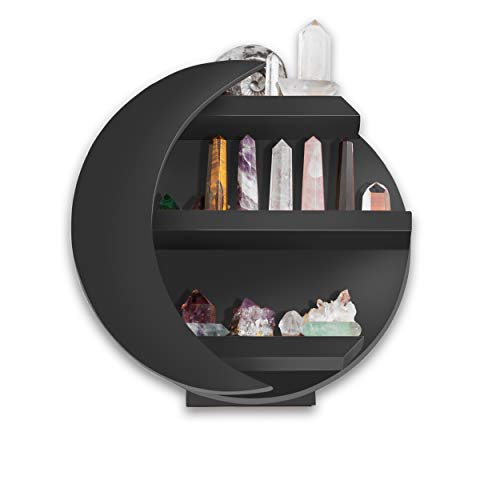 MMOBILITY CHAMAMA Moon Shelf, Essential Oil Shelf, Moon Wall Decor, Crystal Display Shelf, Moon Shaped Shelf for Crystals, Moon Decor, Wooden Moon Shelf, Bathroom Decor, Crystal Shelf (Black)