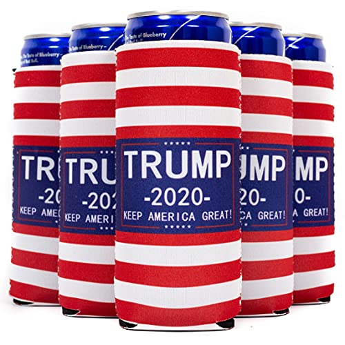 QualityPerfection Slim Can Cooler Sleeves (6 Pack) Insulated, Beer/Energy Drink Neoprene 4mm Thickness Thermocoolers for 12 oz Tall Skinny Beverage - Pattern Design, Ready for Printing (Trump 2020)