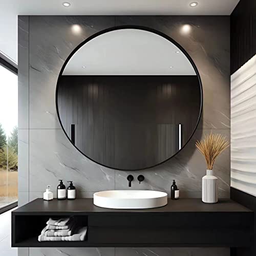 USHOWER Black Round Mirror 30 Inch Bathroom Vanity Circle Mirror - Elegant Wall Mirror with Metal Frame for Living Room, Entryways