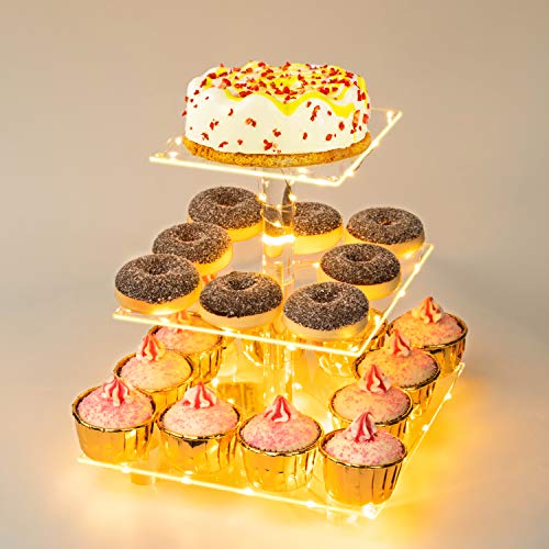 Weddingwish Pastry Stand 3 Tier Acrylic Cupcake Display Stand Cake Stand Dessert Stand Cupcake Holder Pastry Serving Platter Candy Bar Party Décor Wedding Birthday Holidays，Christmas（Yellow Light）…