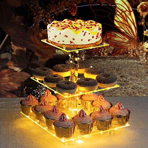 Weddingwish Pastry Stand 3 Tier Acrylic Cupcake Display Stand Cake Stand Dessert Stand Cupcake Holder Pastry Serving Platter Candy Bar Party Décor Wedding Birthday Holidays，Christmas（Yellow Light）…