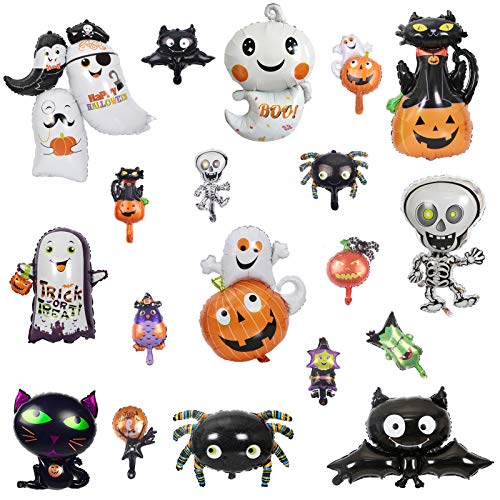 19 Pcs Halloween Foil Balloons Aluminum Mylar Helium Balloons Black Cat Ghost Spider Pumpkin Bat Zombie Skeleton Owl Balloon for Birthday Carnival Festival Holiday Party Decorations Supplies Favors