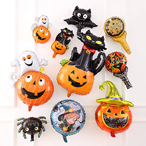 19 Pcs Halloween Foil Balloons Aluminum Mylar Helium Balloons Black Cat Ghost Spider Pumpkin Bat Zombie Skeleton Owl Balloon for Birthday Carnival Festival Holiday Party Decorations Supplies Favors