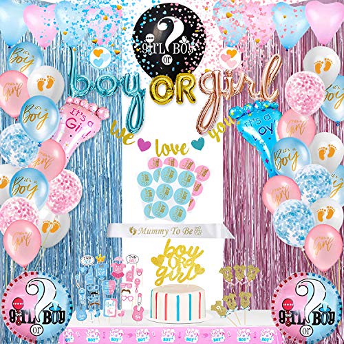 NAIWOXI Gender Reveal Party Supplies - Gender Reveal Decorations, Boy or Girl Foil Balloons, Tablecloth, Photo Props, Toppers, Sash, Banner, Foil Curtains, Team Stickers, Ideas for Baby Shower 117 PCS