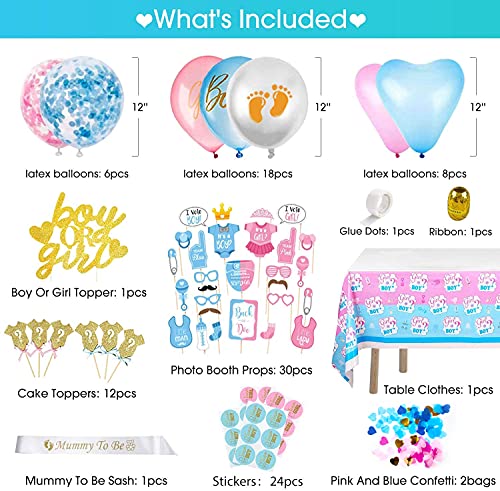 NAIWOXI Gender Reveal Party Supplies - Gender Reveal Decorations, Boy or Girl Foil Balloons, Tablecloth, Photo Props, Toppers, Sash, Banner, Foil Curtains, Team Stickers, Ideas for Baby Shower 117 PCS