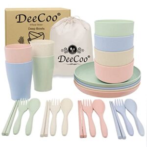 deecoo wheat straw dinnerware sets of 4 (24pcs), unbreakable and lightweight serving bowls, cups, plates, chopsticks, forks, spoons set, microwave & dishwasher safe dish bowl for kids or picnics