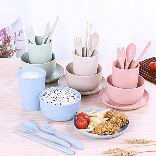 DeeCoo Wheat Straw Dinnerware Sets of 4 (24pcs), Unbreakable and Lightweight Serving Bowls, Cups, Plates, Chopsticks, Forks, Spoons Set, Microwave & Dishwasher Safe Dish Bowl for Kids or Picnics