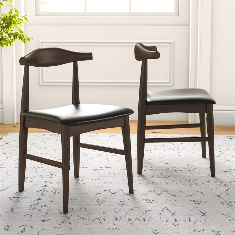 Pemberly Row Mid Century Modern Silas Upholstered Black Pu Leather Dining Chairs for Dining Room/Kitchen with Walnut Finish (Set of 2)