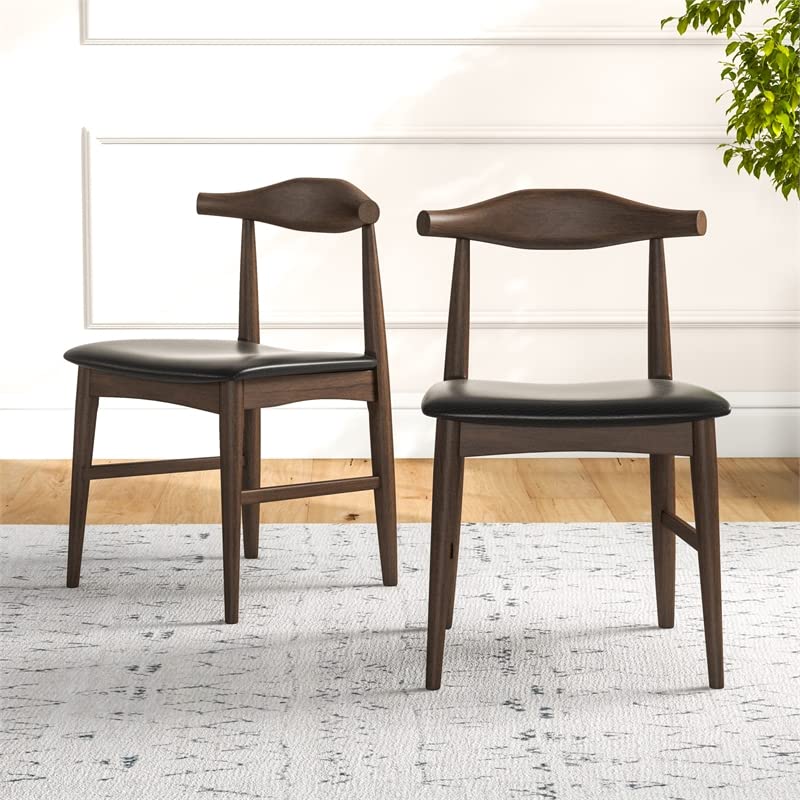 Pemberly Row Mid Century Modern Silas Upholstered Black Pu Leather Dining Chairs for Dining Room/Kitchen with Walnut Finish (Set of 2)