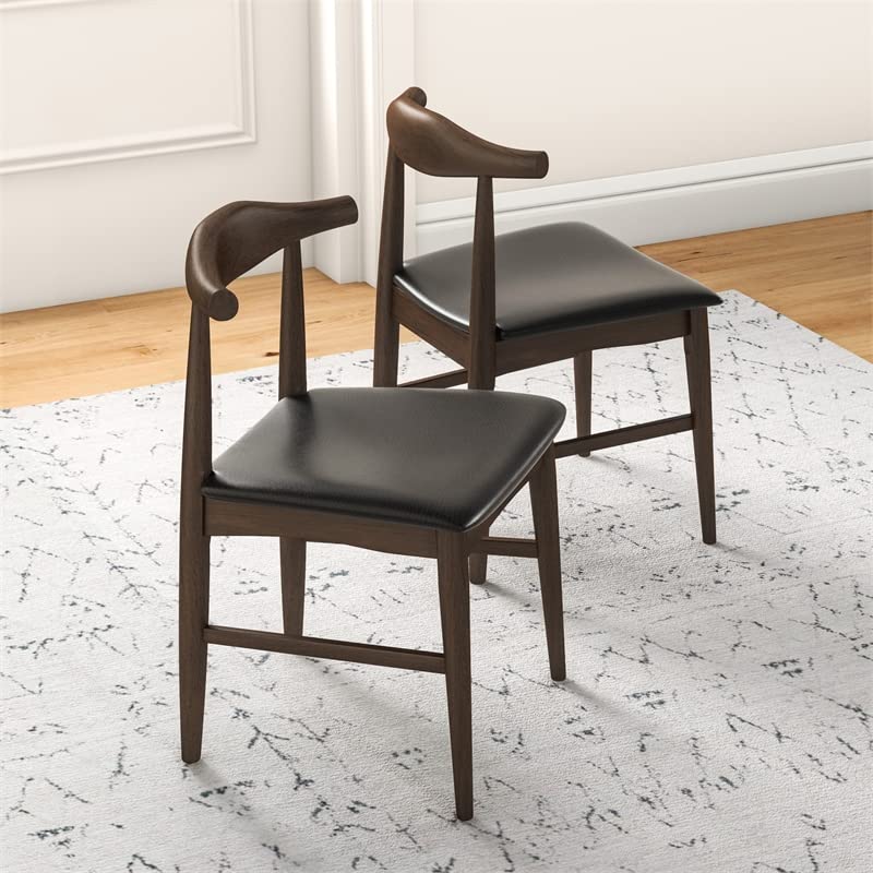 Pemberly Row Mid Century Modern Silas Upholstered Black Pu Leather Dining Chairs for Dining Room/Kitchen with Walnut Finish (Set of 2)