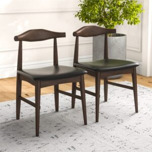 Pemberly Row Mid Century Modern Silas Upholstered Black Pu Leather Dining Chairs for Dining Room/Kitchen with Walnut Finish (Set of 2)