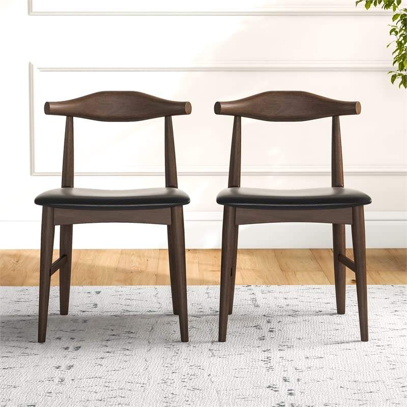 Pemberly Row Mid Century Modern Silas Upholstered Black Pu Leather Dining Chairs for Dining Room/Kitchen with Walnut Finish (Set of 2)