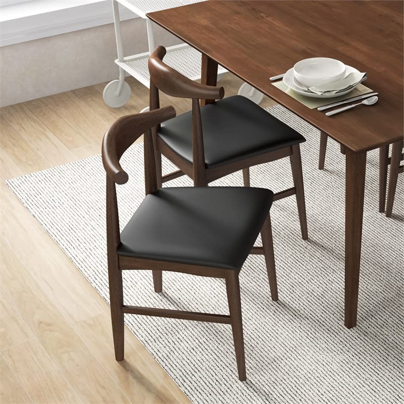 Pemberly Row Mid Century Modern Silas Upholstered Black Pu Leather Dining Chairs for Dining Room/Kitchen with Walnut Finish (Set of 2)