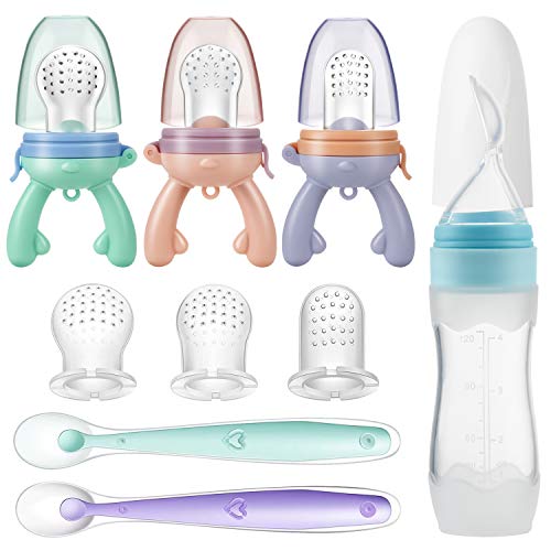 PandaEar Baby Fresh Fruit Food Feeder Pacifier Teether (3 Pack) |Food Dispensing Spoon (1 Pack)| Food Grade Soft Safe BPA-Free Silicone Pouches (3 Extra)|Soft Spoons (2 Pack)