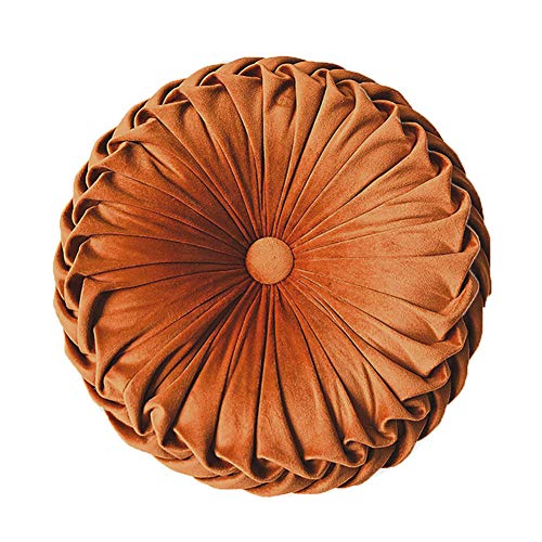 Elero Round Throw Pillow Velvet Home Decoration Pleated Cushion for Couch Chair Bed Car Orange