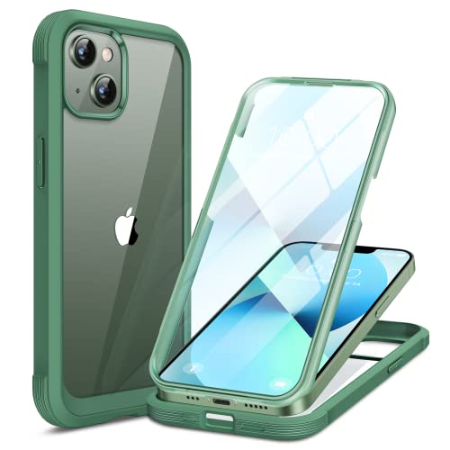 Miracase Compatible with iPhone 13 case 6.1 inch, 2023 New Full-Body Glass Clear Case Bumper Case with Built-in 9H Tempered Glass Screen Protector for iPhone 13, Acacia Green