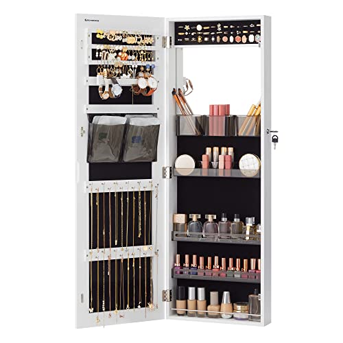 SONGMICS Jewelry Cabinet Armoire, Wall/Door Mount Storage Organizer with Full-Length Frameless Mirror, Lockable Cabinet with Built-in Small Mirror, Shelves, Gift Idea, White UJJC003W01