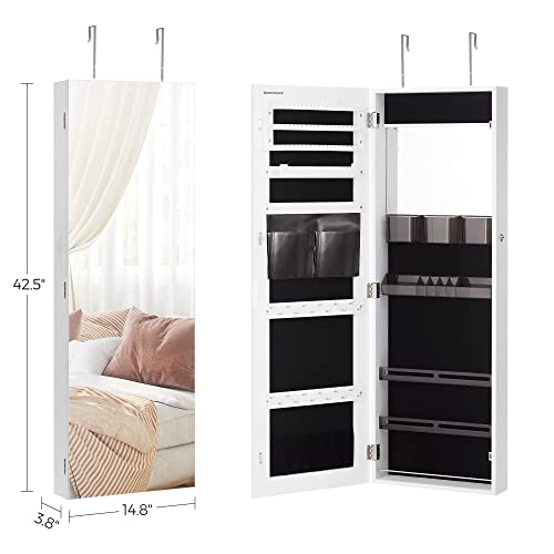 SONGMICS Jewelry Cabinet Armoire, Wall/Door Mount Storage Organizer with Full-Length Frameless Mirror, Lockable Cabinet with Built-in Small Mirror, Shelves, Gift Idea, White UJJC003W01