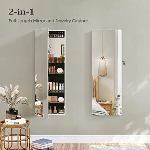 SONGMICS Jewelry Cabinet Armoire, Wall/Door Mount Storage Organizer with Full-Length Frameless Mirror, Lockable Cabinet with Built-in Small Mirror, Shelves, Gift Idea, White UJJC003W01