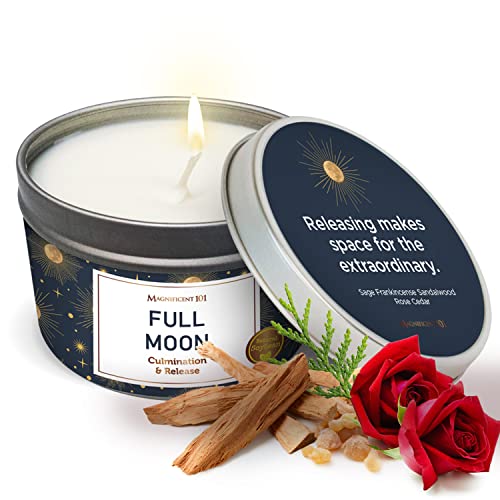 MAGNIFICENT 101 Full Moon Aromatherapy Candle - Sage Frankincense Sandalwood Rose Cedar Scented Natural Soybean Wax Tin Candle