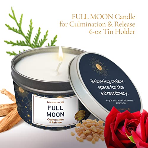 MAGNIFICENT 101 Full Moon Aromatherapy Candle - Sage Frankincense Sandalwood Rose Cedar Scented Natural Soybean Wax Tin Candle