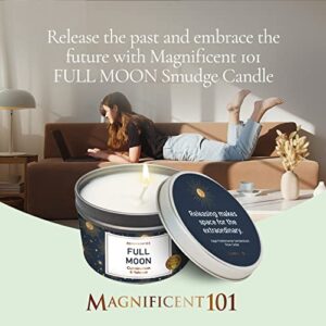 MAGNIFICENT 101 Full Moon Aromatherapy Candle - Sage Frankincense Sandalwood Rose Cedar Scented Natural Soybean Wax Tin Candle