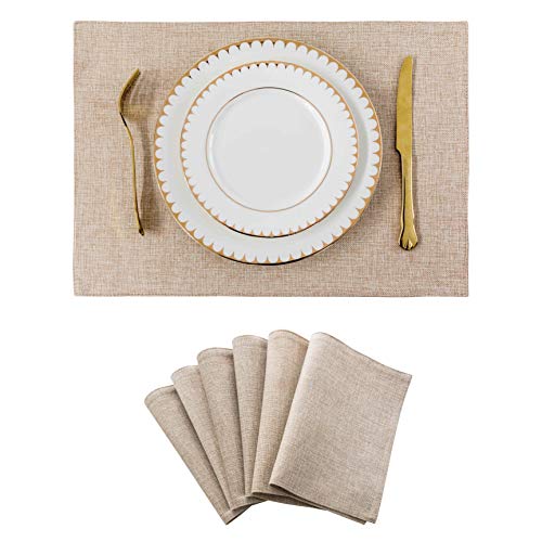 Home Brilliant Burlap Linen Placemats Set of 6 Heat Resistant Dining Table Place Mats Washable Kitchen Table Mats, 13x19 inch, Light Linen