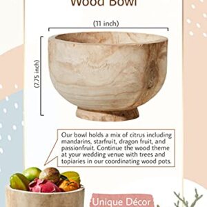 Serene Spaces Living 11" Paulownia Wood Round Bowl, Handmade Wooden Decorative Bowl Fruit Basket for Décor, Parties, Wedding Centerpiece, Floral Arrangements, 7" Tall and 11" Diameter