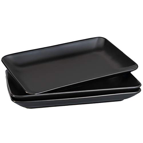 AQUIVER 10" Ceramic Platters - Party Porcelain Matte Rectangular Serving Plates - for Appetizer Plates, Party, Sushi, Entertaining Guests, Set of 3 (Black)