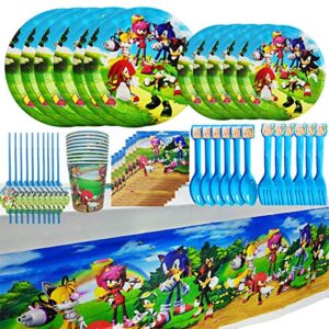 JLSMAO Sonic The Hedgehog Party Supplies, Sonic The Hedgehog Flatware, Plates, Paper Cups, Straws, Napkins, Spoons, Fork, Tablecloth Party Decorations Kids Shower Birthday Party Favors Set. (Blue)